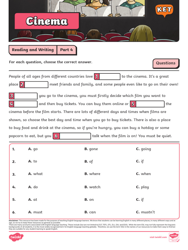 Reading and Writing Part 4 Worksheet Cinema | PDF | English As A Second ...