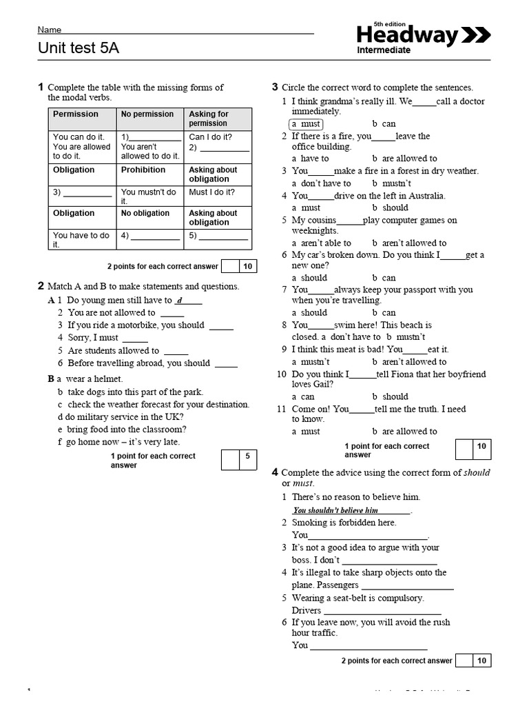 Modal Verbs Unit Test 5A | PDF