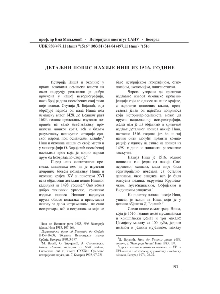 Ema Miljković - Detaljni Popis Nahije Niš Iz 1516. Godine | PDF
