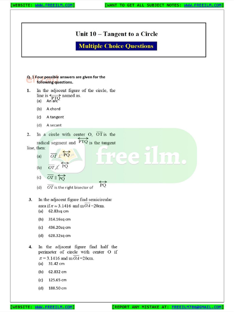 10th Maths Chap10 MCQ's | PDF