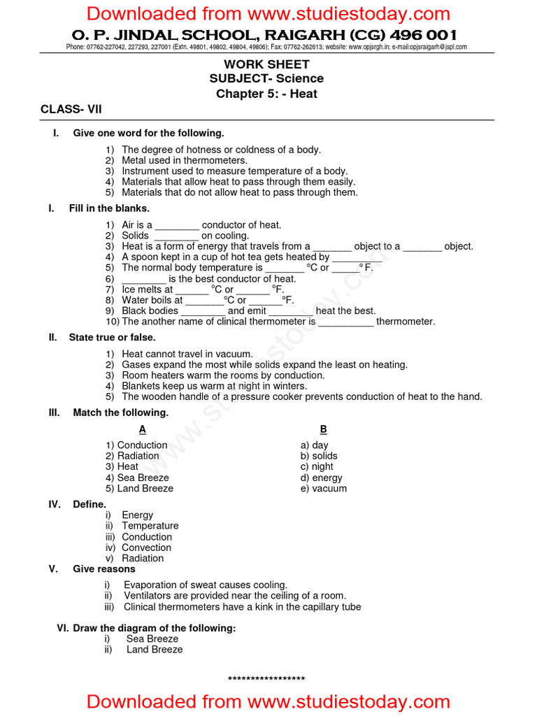 Science Worksheet for Class VII | PDF | Heat | Thermal Conduction