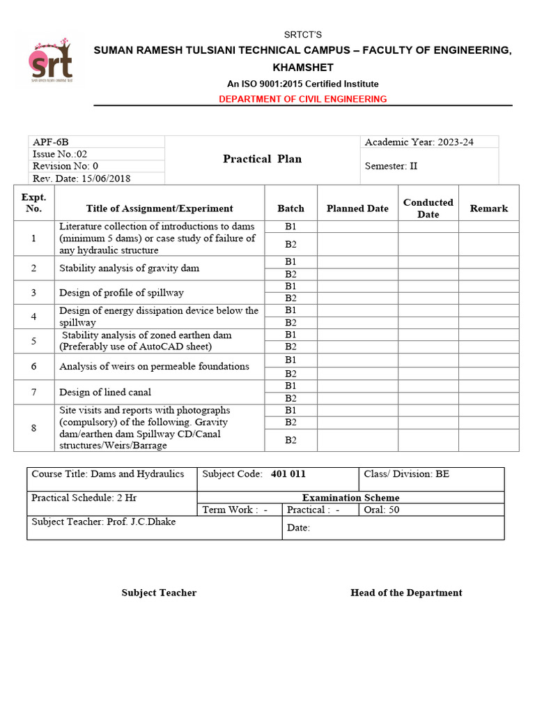 Lab Plan DHS 2019-20 sEM II | PDF | Dam | Flood Control