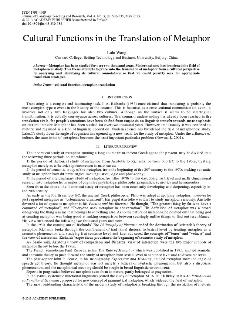 Cultural Functions in The Translation of Metaphor | PDF | Metaphor | Semantics