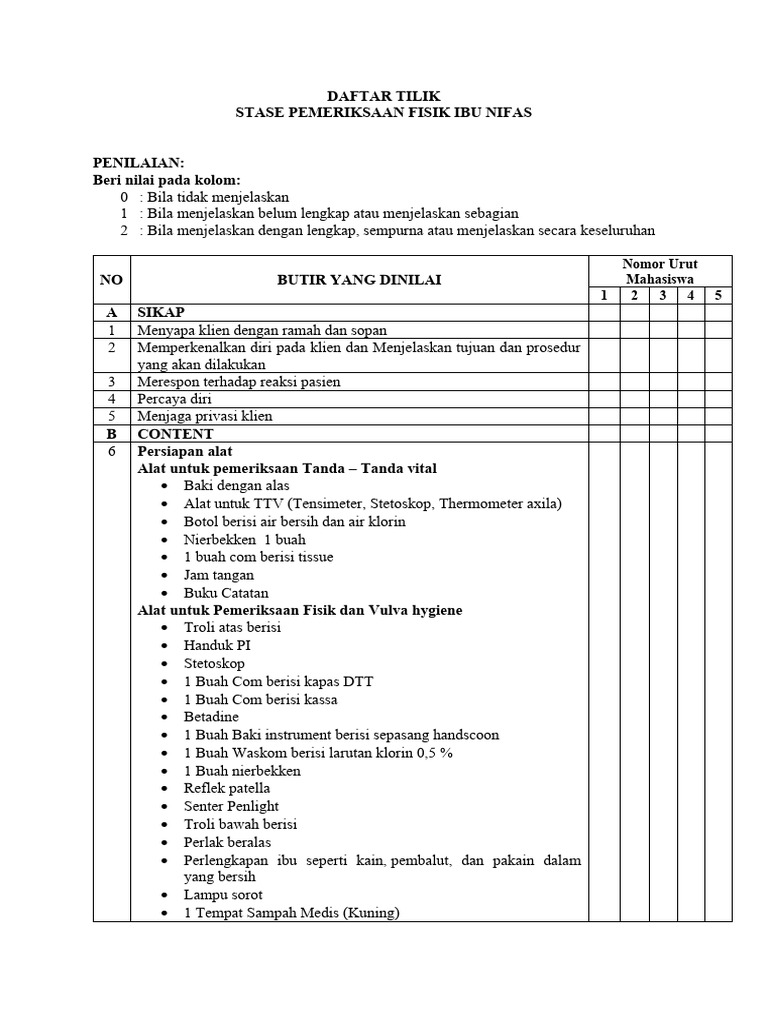 Daftar Tilik PEMERIKSAAN FISIK IBU NIFAS | PDF