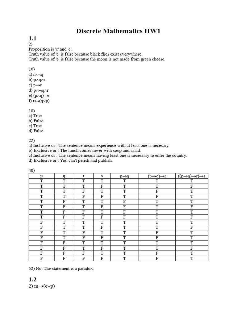 Discrete Mathematics HW1 | PDF | Truth | Logic