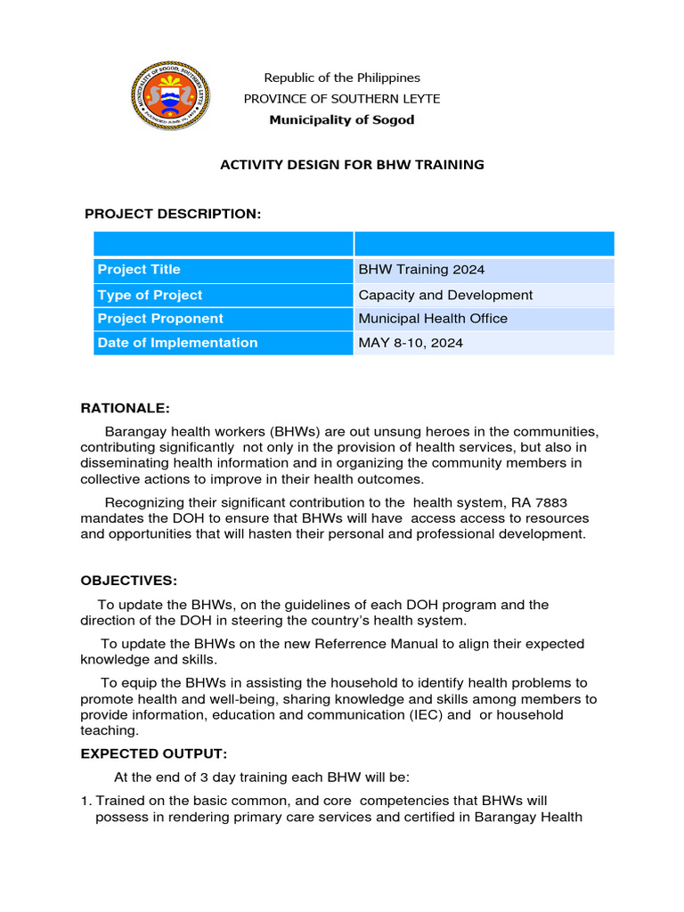 BHW Training Activity Design 2024 | PDF | Public Services | Social Programs
