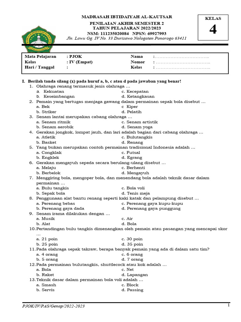Soal PJOK Kelas 4 Semester 2 | PDF