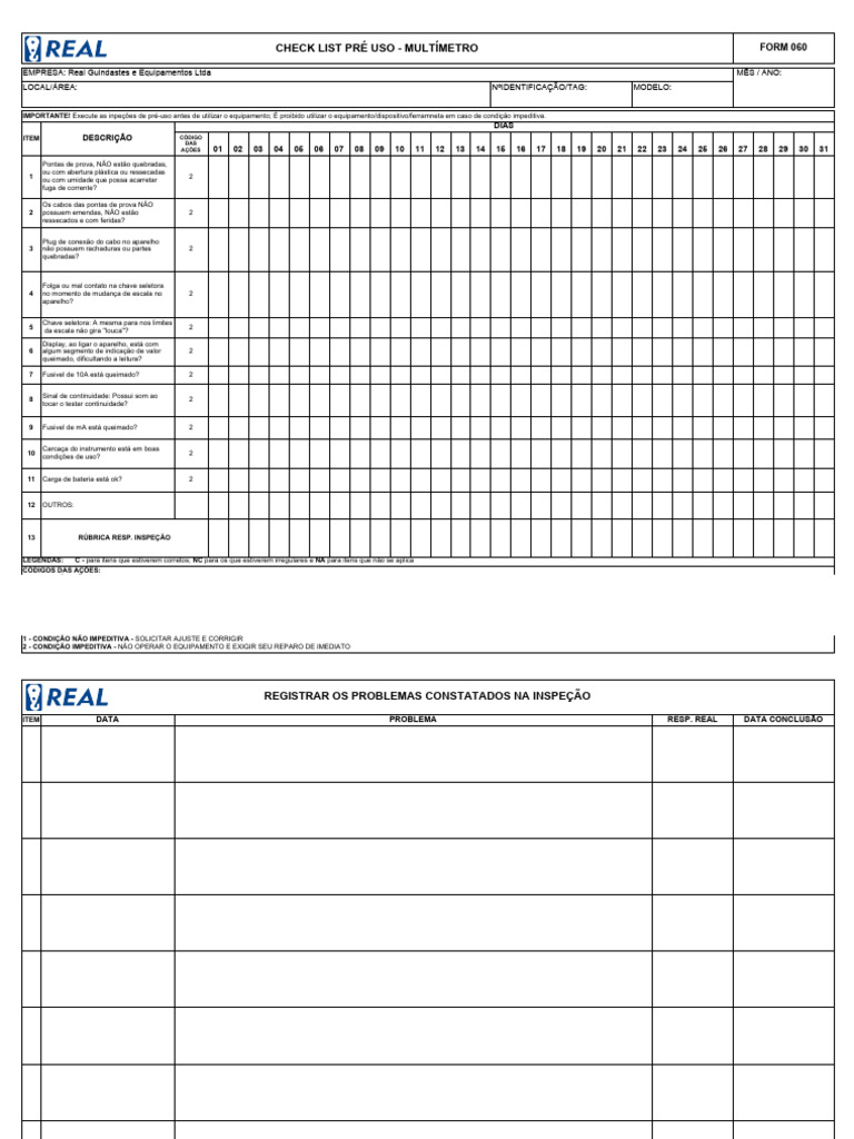 Check List Pré Uso Multímetro 2023 | PDF