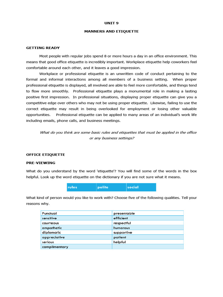 UNIT 9 - Manners and Etiquette | PDF | Etiquette | Expert