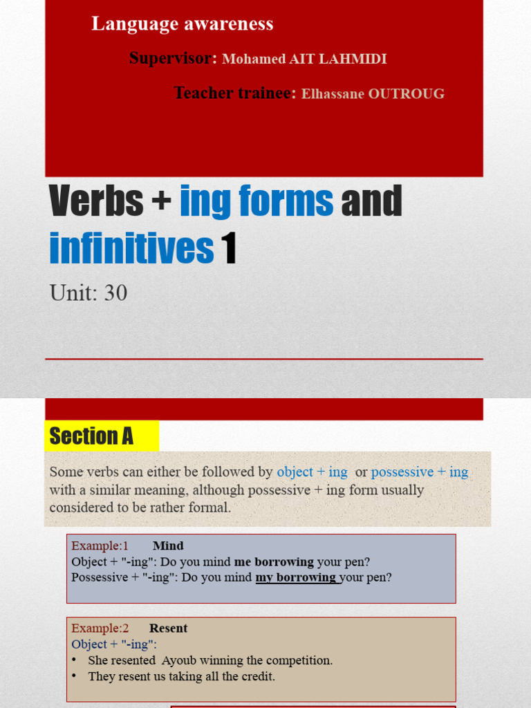 Verbs plus ing forms and infinitives | PDF | Verb | Object (Grammar)