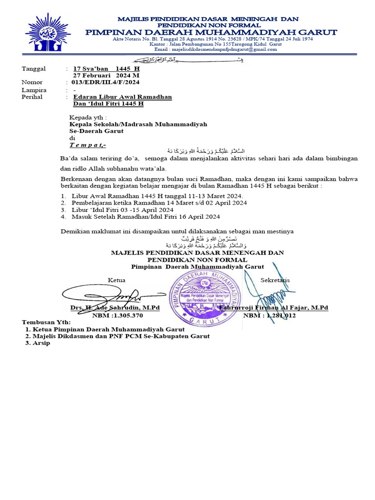 Surat Edaran Libur Awal Ramadhan Dan Idul Fitri 1445 H | PDF Surat Edaran Libur Awal Ramadhan Dan Idul Fitri 1445 H | PDF