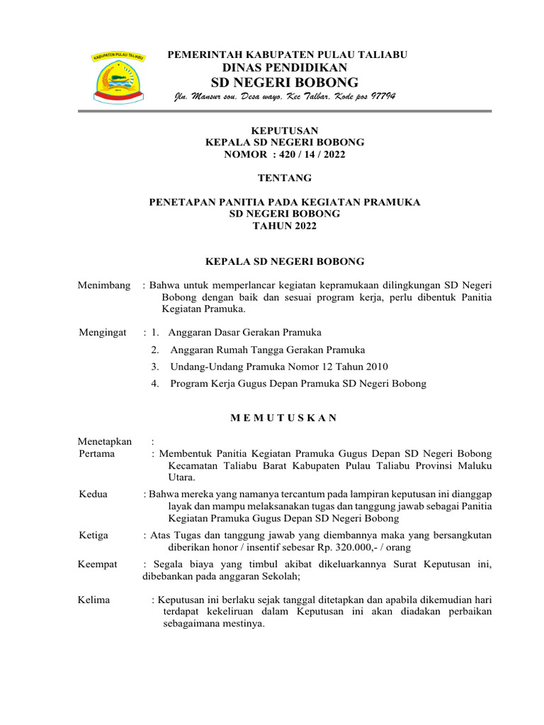 Sk Honorarium Panitia Pada Kegiatan Pramuka Pdf