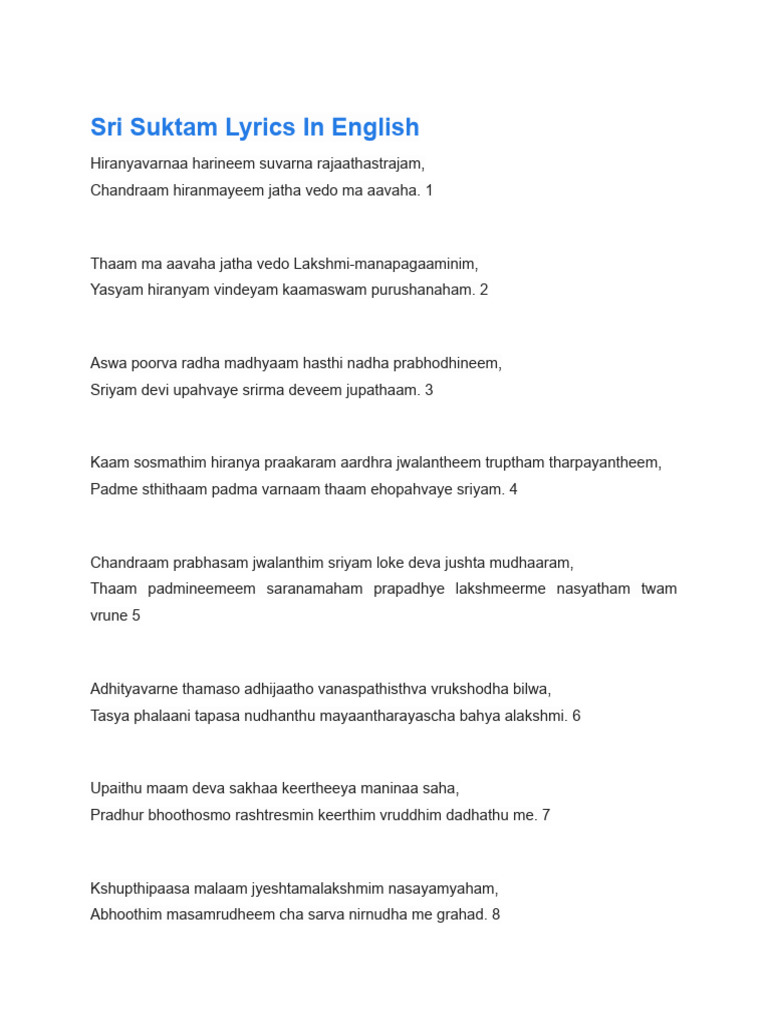 Sri Suktam Lyrics in English | PDF | Gender And Hinduism | Hindu Gods