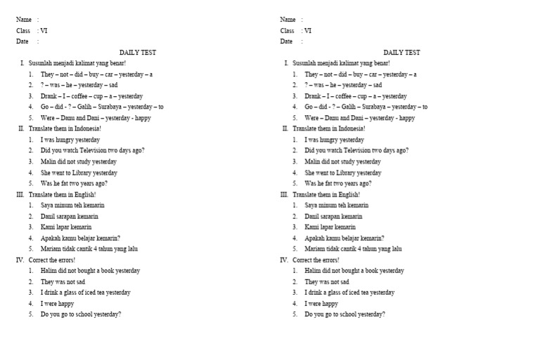 Simple Past Daily Test | Download Free PDF | Leaf | Caffeinated Drinks