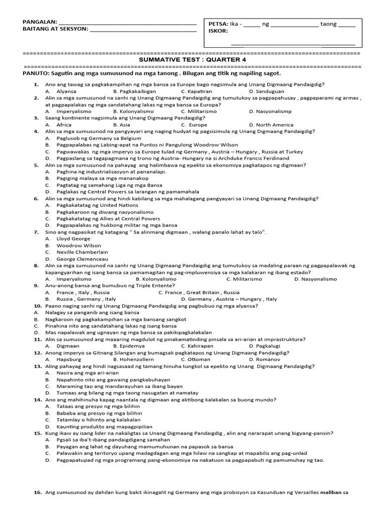 4TH Quarter Pre Test | PDF