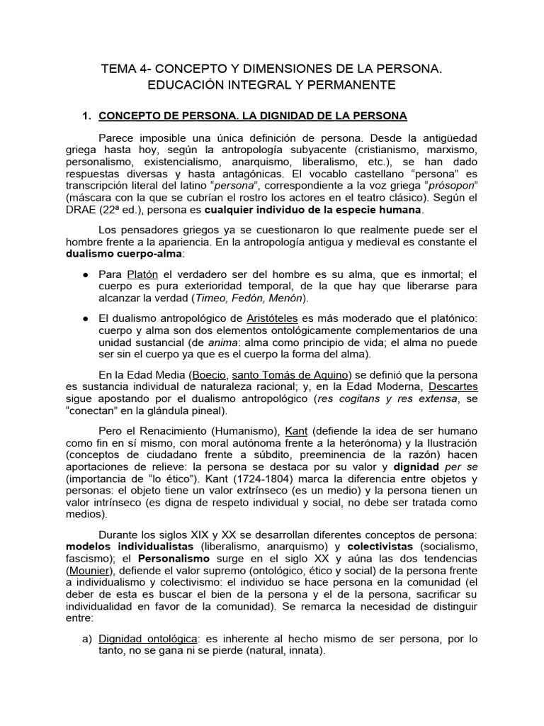 Tema 4 - Concepto y Dimensiones de La Persona | PDF | Dignidad | Alma