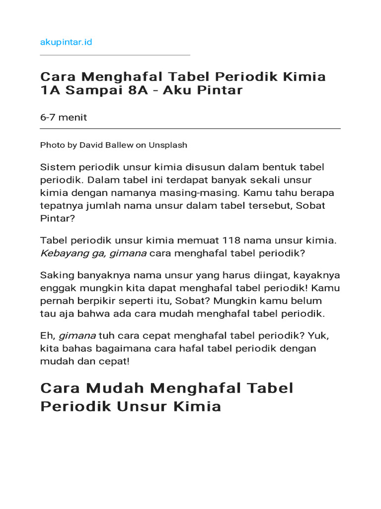 Cara Menghafal Tabel Periodik Kimia 1A Sampai 8A - Aku Pintar | PDF