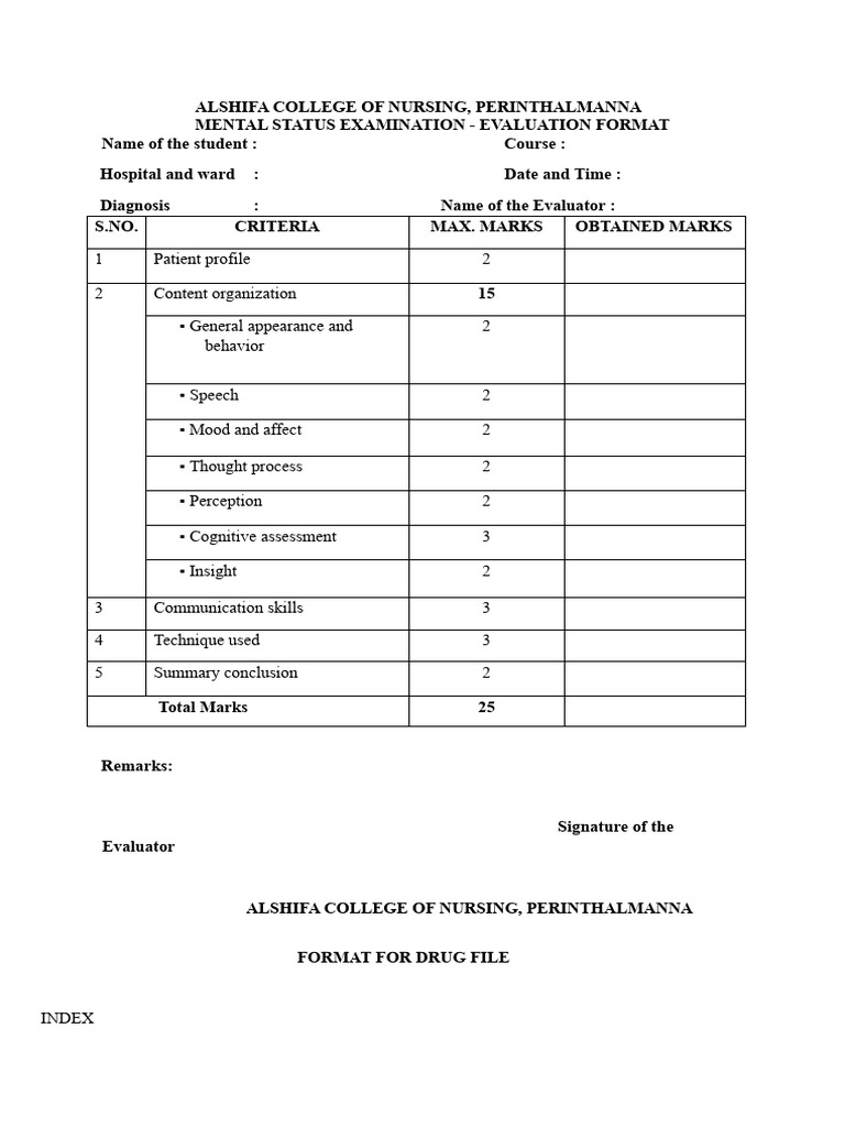 mental health nursing checklist and evaluation format1 | PDF ...