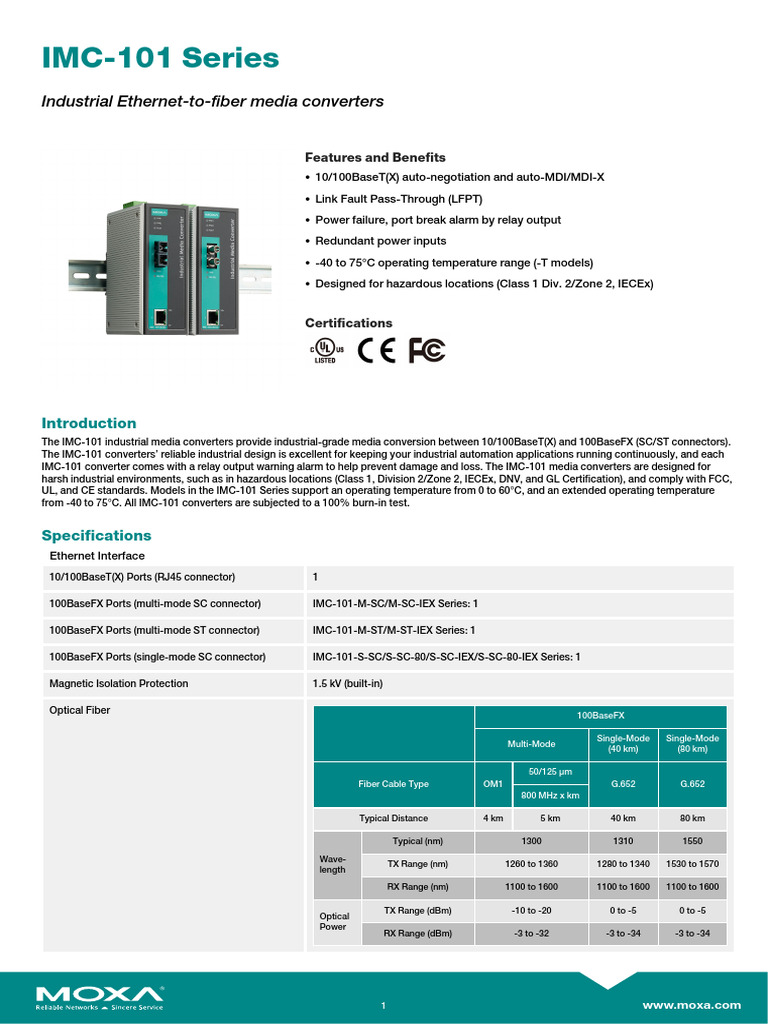 Moxa Imc 101 | PDF | Optical Fiber | Telecommunications Equipment