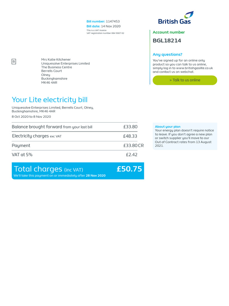 BUSINESSBritish Gas Invoice 141120 | PDF | Value Added Tax | Fuels