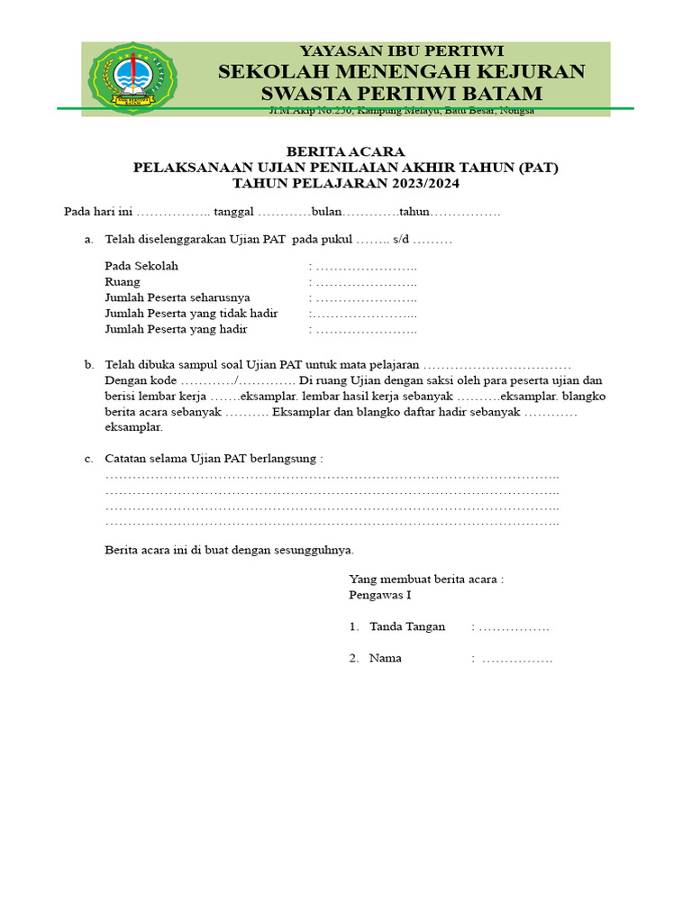 Berita Acara Pelaksanaan Ujian Sekolah | PDF | Game & Aktivitas | Griya ...
