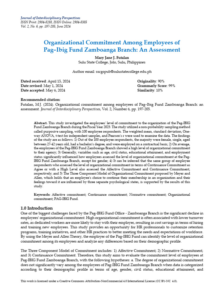 Organizational Commitment Among Employees of Pag-Ibig Fund Zamboanga Branch An Assessment ...