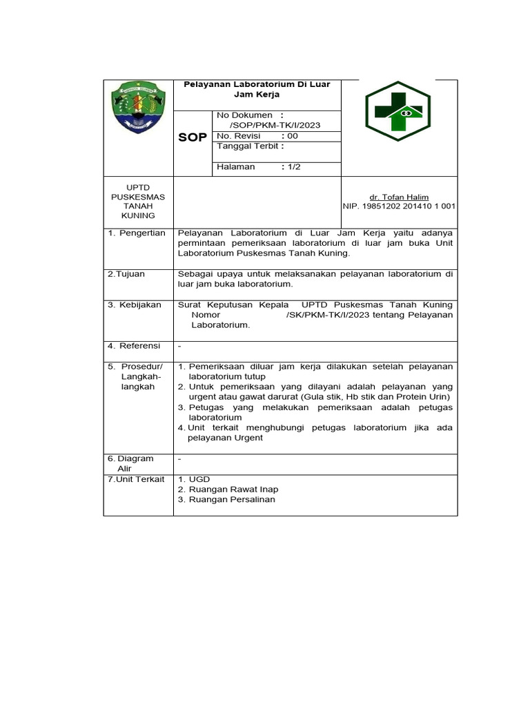 3.9.1 C SOP Pelayanan Laboratorium Di Luar Jam Kerja | PDF | Kesehatan ...