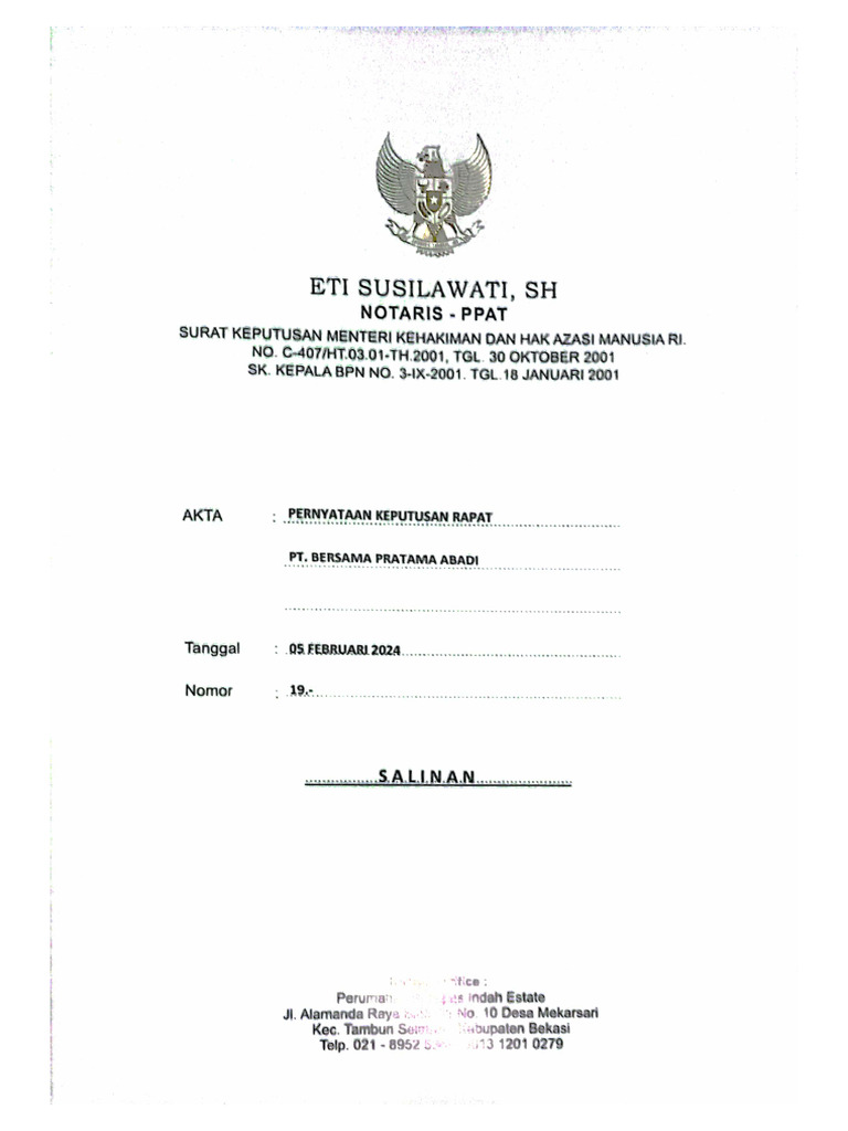 AKTA PKR PT BERSAMA PRATAMA ABADI, Nomor 19, 05-02-2024 | PDF