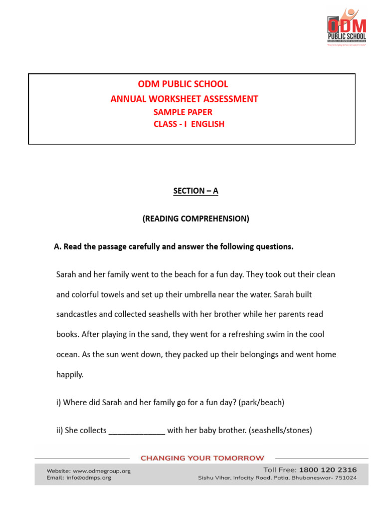 Std-I (English) Sample Question Paper - Annual | PDF | Adverb | Linguistics