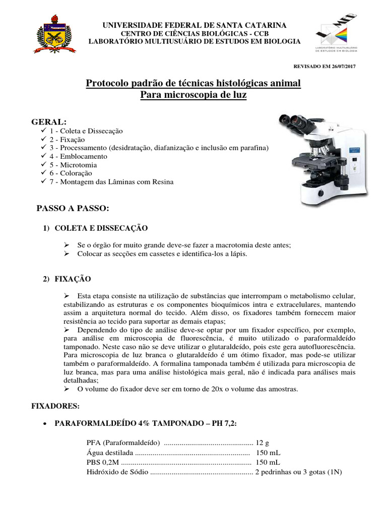 Protocolo de Uso da Formalina Tamponada | PDF | Histologia | Fixação ...