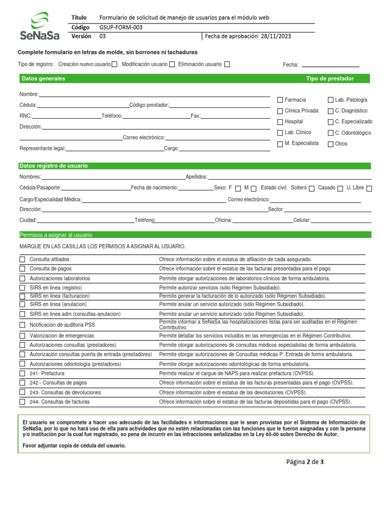 Formulario de Solicitud de Manejo de Usuarios para El Mã Dulo Web | PDF | Cuidado de la salud