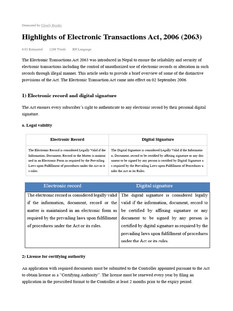 Highlights of Electronic Transactions Act, 2006 (2063) | PDF ...