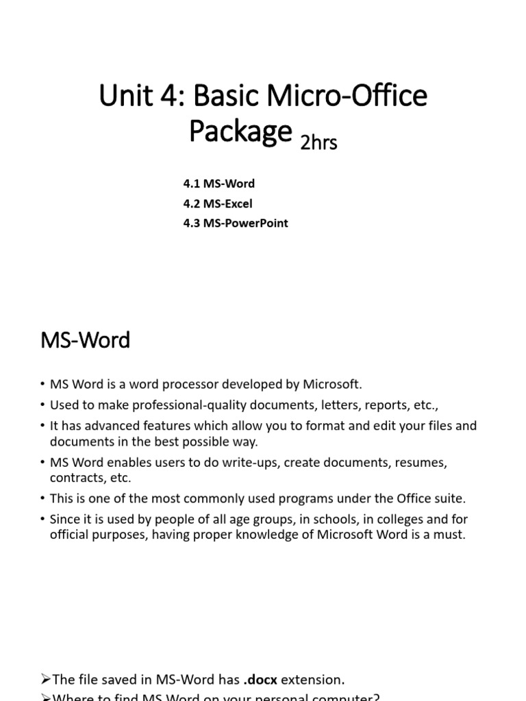 Unit 4. Basic Micro-Office Package | PDF | Microsoft Word | Microsoft Excel