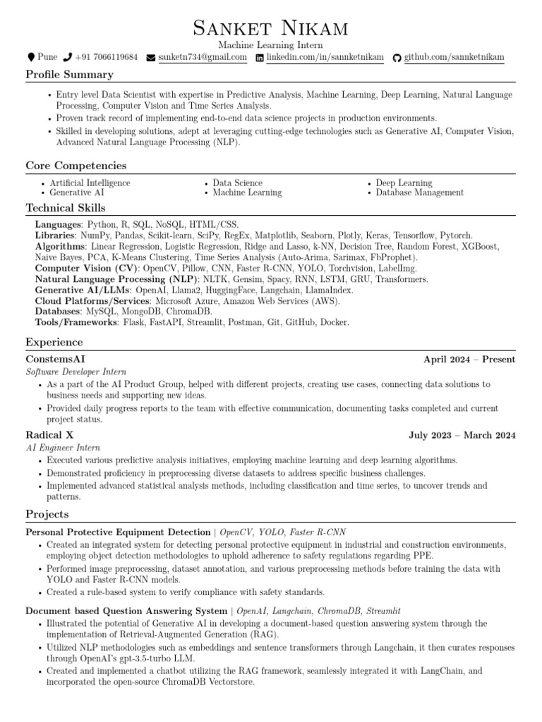 Sanket Nikam Resume | PDF | Machine Learning | Artificial Intelligence