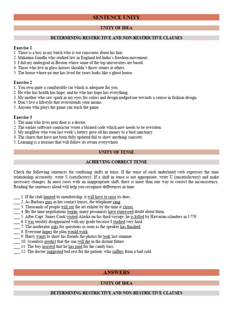Sentence Unity Practice Exercises | PDF