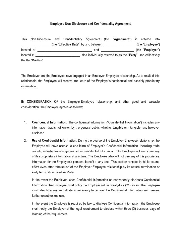 EMPLOYER EMPLOYEE_NDA | PDF | Non Disclosure Agreement | Private Law