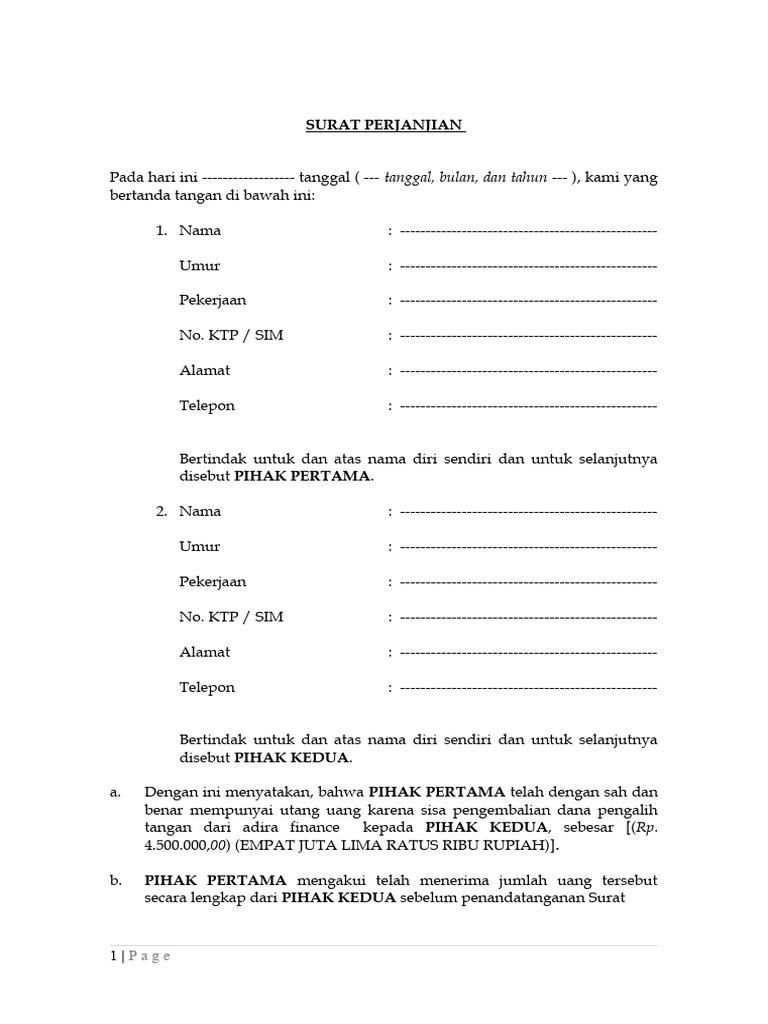 Contoh Surat Perjanjian Utang Piutang FH UII | PDF
