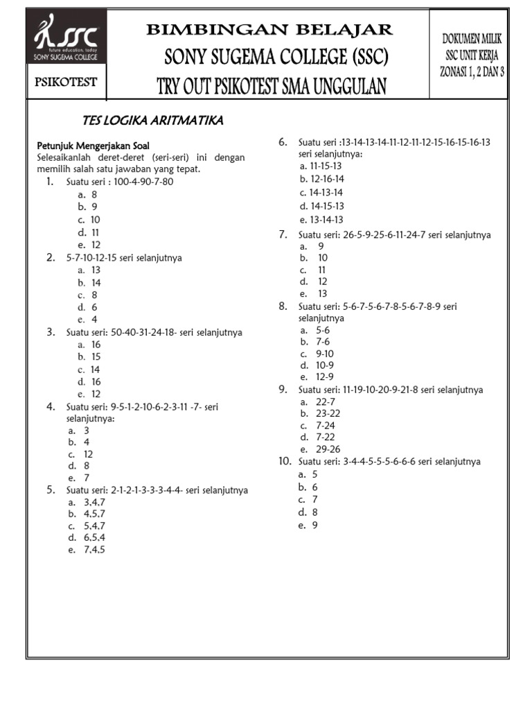 Soal Psikotest Seleksi Sma Unggulan 1 | PDF