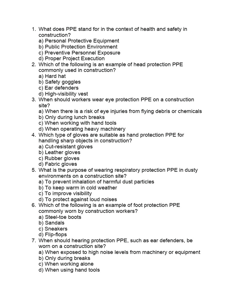 PPE Quiz for Construction Safety | PDF | Personal Protective Equipment ...