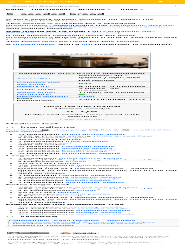 5-Seeded Bread, Breadmaker Recipe | PDF | Teaspoon | Tablespoon