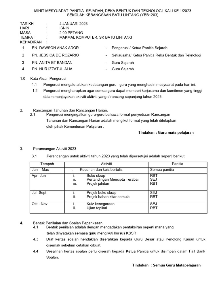 Minit Mesyuarat Panitia Sejarah Dan Reka Bentuk - TMK - Bil 1 - 2023 | PDF