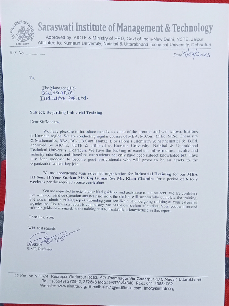 Industrial Training Letter | PDF