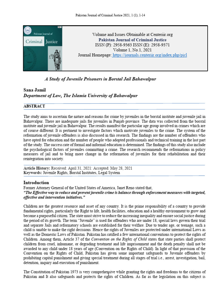A Study of Juvenile Prisoners in Borstal Jail Bahawalpur | PDF ...