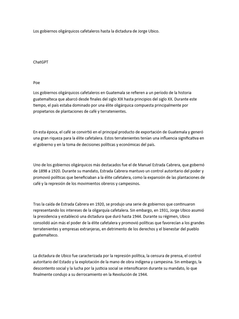 Los Gobiernos Oligárquicos Cafetaleros Hasta La Dictadura de Jorge ...
