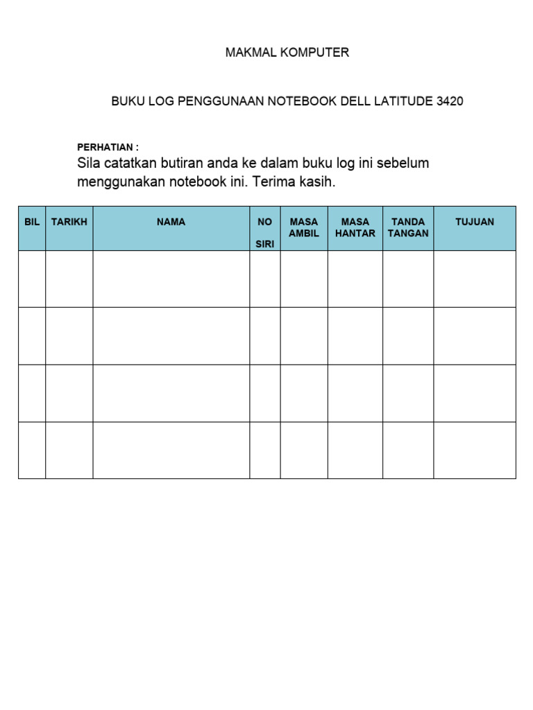 Buku-Log-Penggunaan-Notebook DELL LATITUDE 3420 | PDF | Komputer