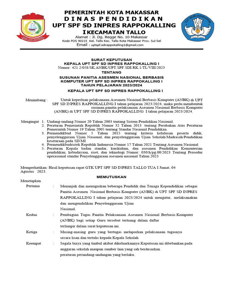 Pelaksanaan SK PANITIA ANBK 2023 UPT SPF SD INP RAPPOKALLING 1 2023 | PDF | Karier & Perkembangan