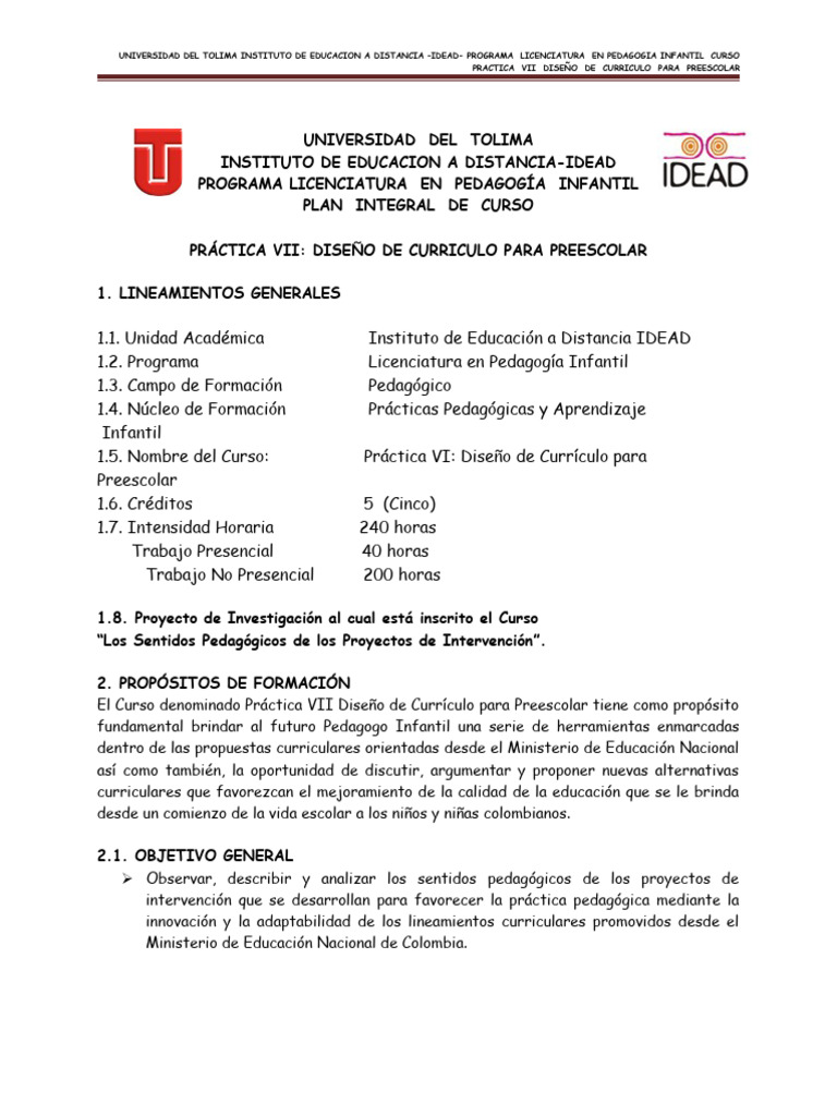 Practica Vi Diseño de Curriculo para Preescolar | PDF | Educación de la ...