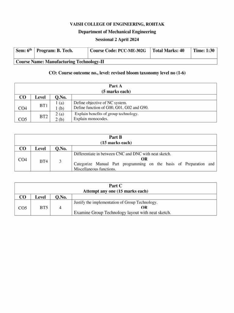 Second Sessional Paper 6th Sem April 2024 | PDF