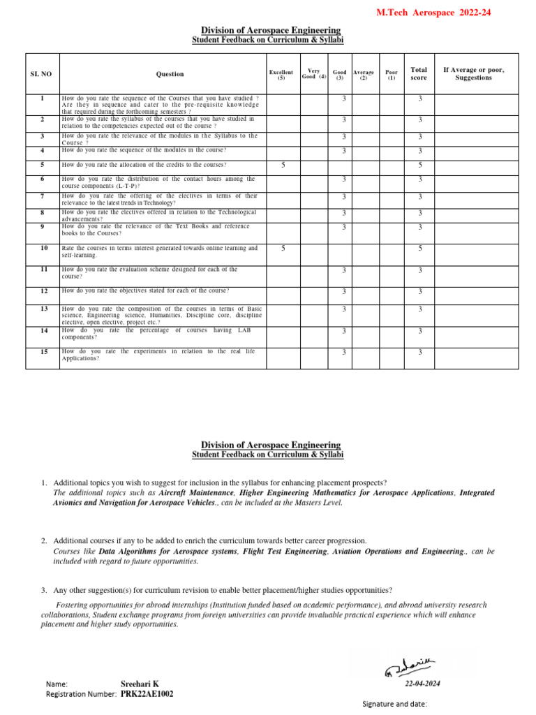 Curriculum Feedback Form 2022-24 - Filled | PDF | Curriculum | Engineering