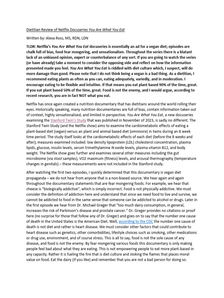 Dietitian Review of Netflix Docuseries You Are What You Eat | PDF ... Dietitian Review of Netflix Docuseries You Are What You Eat | PDF ...